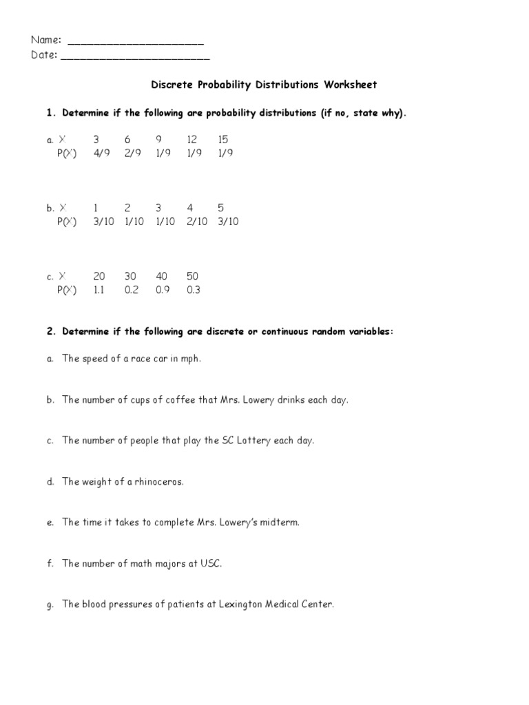 Discrete Probability Distributions Worksheet | PDF | Variance ...