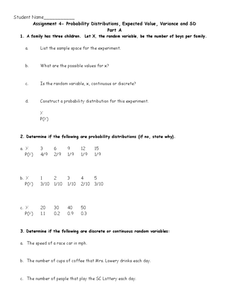 Assignment 4 - Probability Distributions, Mean, Var and SD | PDF ...
