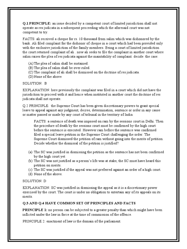 Q.1 PRINCIPLE: An Issue Decided by A Competent Court of Limited ...
