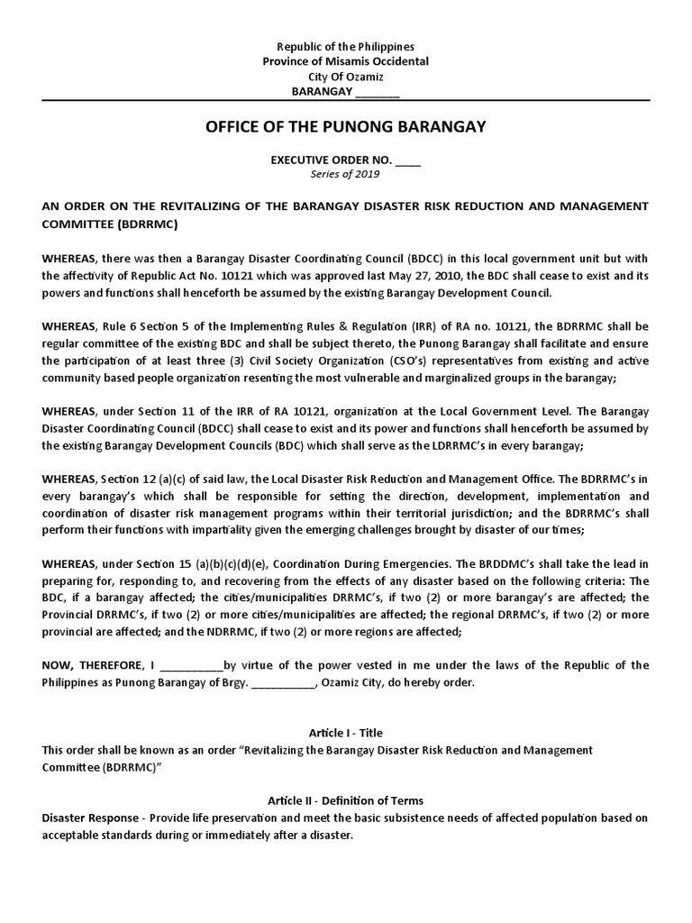 EXECUTIVE ORDER-BDRRMC, Sample | Download Free PDF | Emergency ...