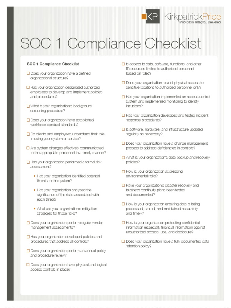 SOC 1 Compliance Checklist KirkpatrickPrice PDF | PDF | Access Control | Regulatory Compliance