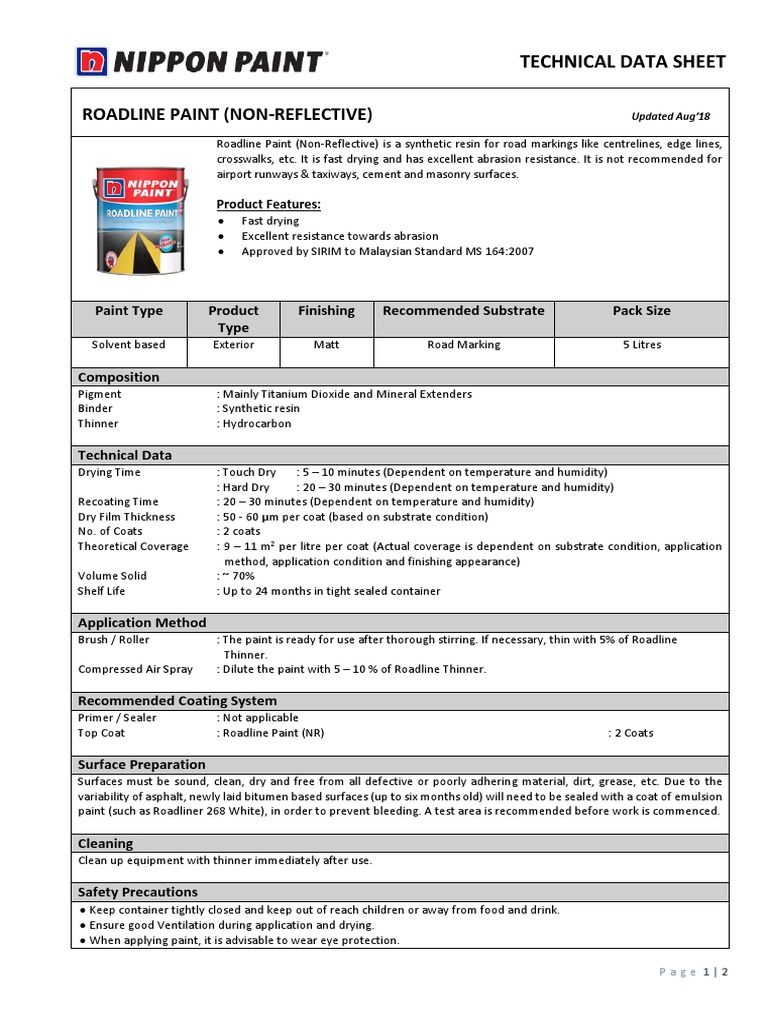 Roadline Paint (Non-Reflective) : Technical Data Sheet | PDF | Paint ...