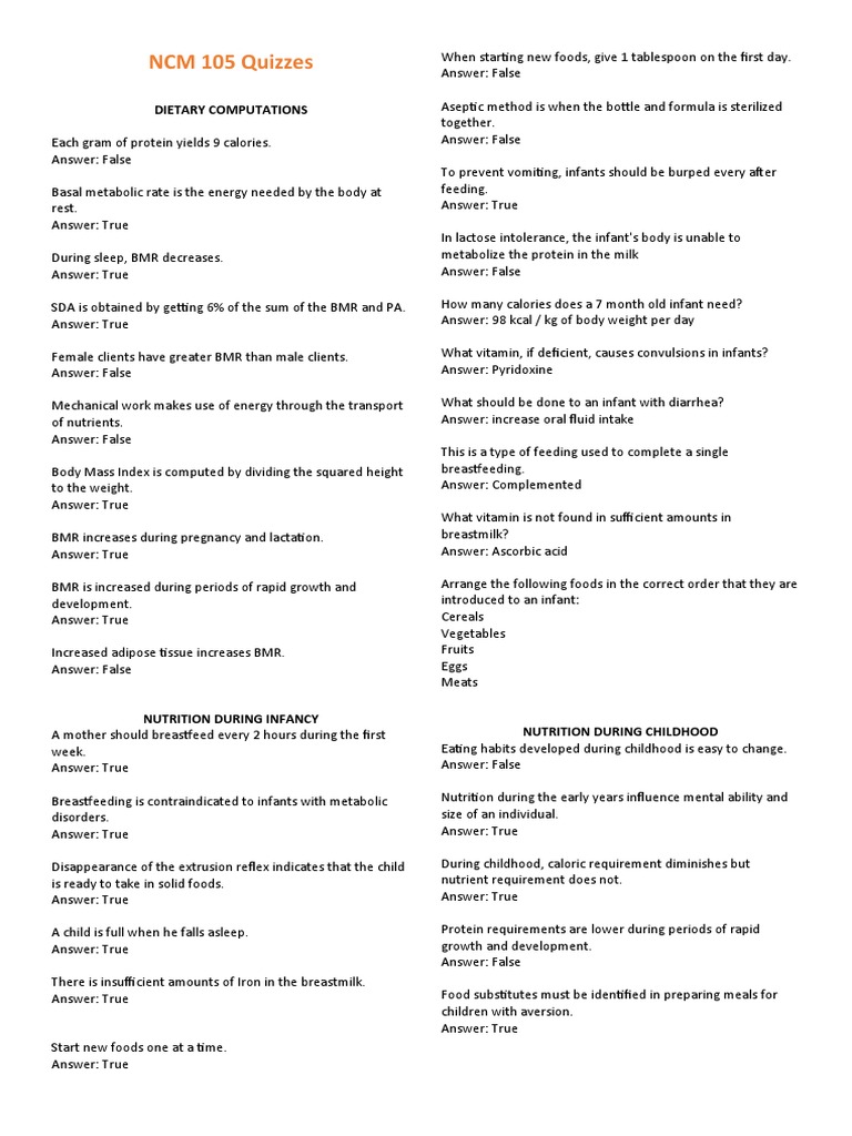 NCM 105 Quizzes: Dietary Computations | PDF | Breast Milk | Calorie