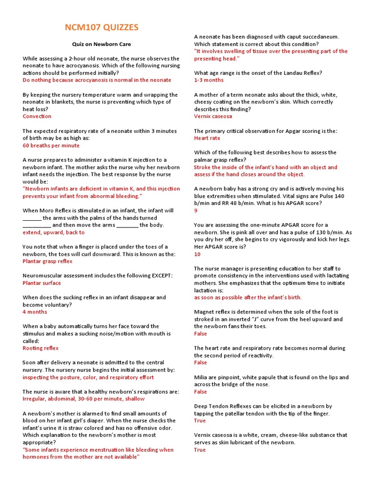 Ncm107 Quizzes: Quiz On Newborn Care | Download Free PDF | Infants ...