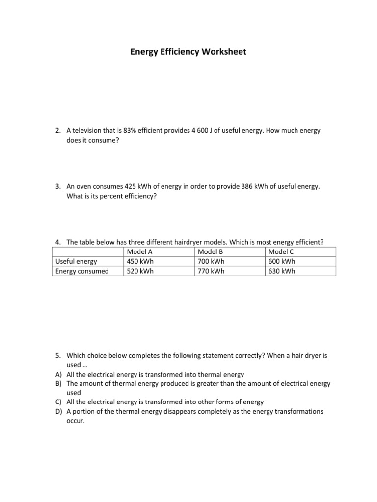 Energy Efficiency Worksheet | PDF | Furnace | Water Heating