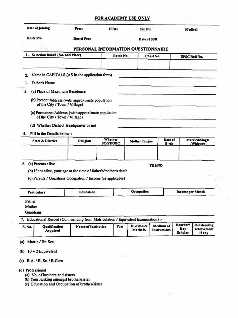 For Academy Use Only: Personal Information Questionnaire | PDF | Qualifications | Learning