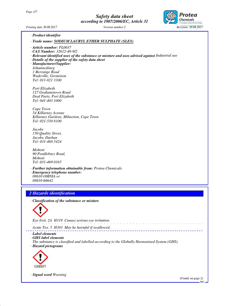 Safety Data Sheet: According To 1907/2006/EC, Article 31 | PDF ...