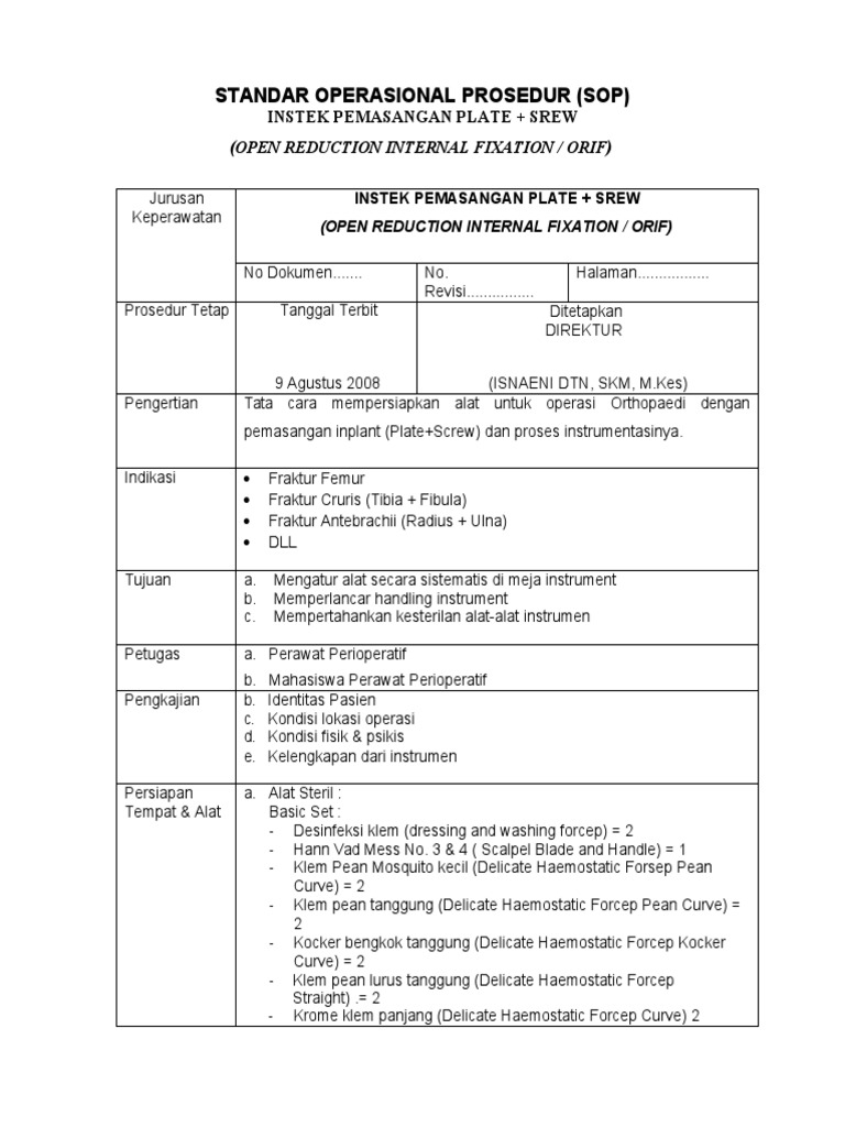 Standar Operasional Prosedur (Sop) : (Open Reduction Internal Fixation ...