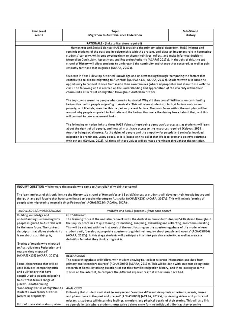 Hass - Unit Plan | PDF | Educational Assessment | Human Migration
