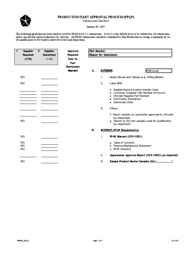 Production Part Approval Process (Ppap) : Submission Checklist | PDF | Specification (Technical ...