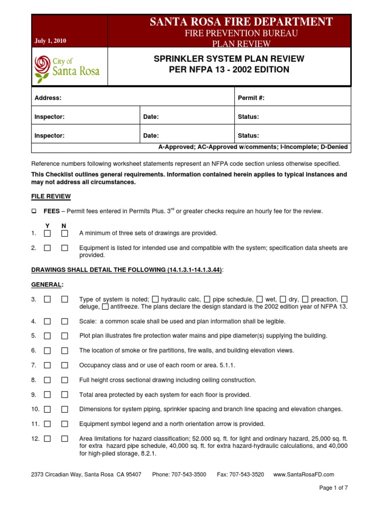 Fire Sprinkler System NFPA 13 Plan Review Checklist PDF | PDF | Fire ...