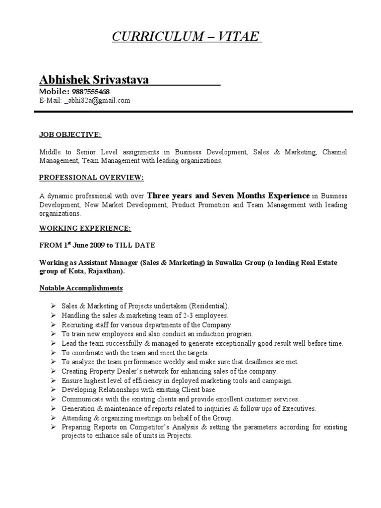 New CURRICULUM - VITAE - OF - Abhishek - Srivastava | PDF | Sales | Marketing