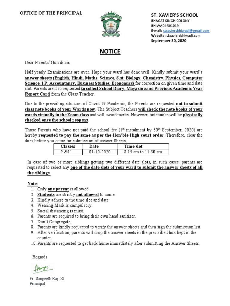 Notice Regarding Half Yearly Examination Answer Sheet Submission and ...