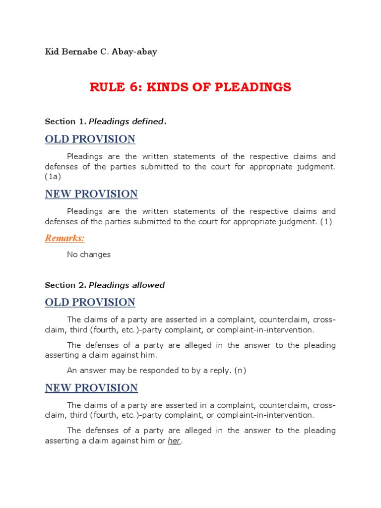 Rule 6: Kinds of Pleadings: Old Provision | PDF | Affirmative Defense ...