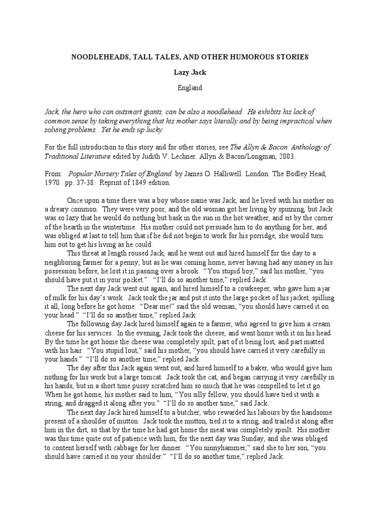Noodleheads, Tall Tales, and Other Humorous Stories Lazy Jack | PDF ...