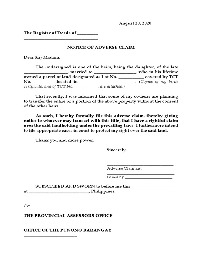 Adverse Claim - Template | PDF | Finance & Money Management