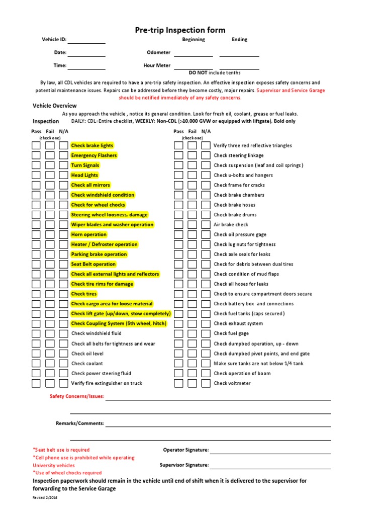 Pre-Trip Inspection Form | PDF | Vehicles | Brake