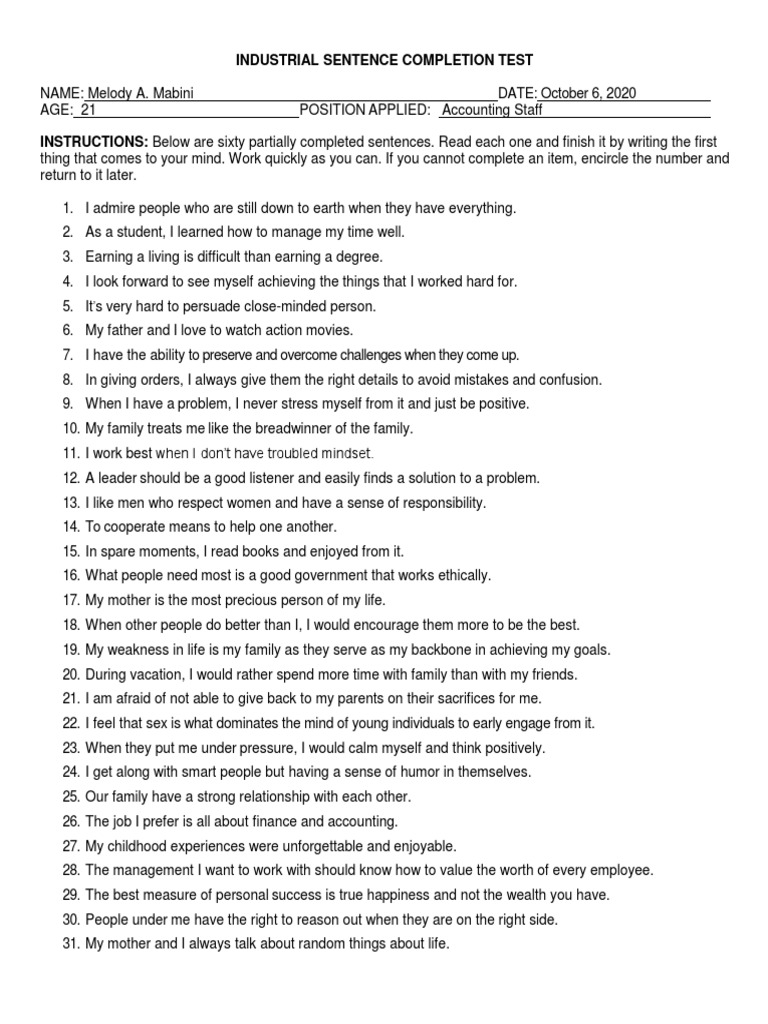 Industrial Sentence Completion Test | PDF | Motivation | Motivational