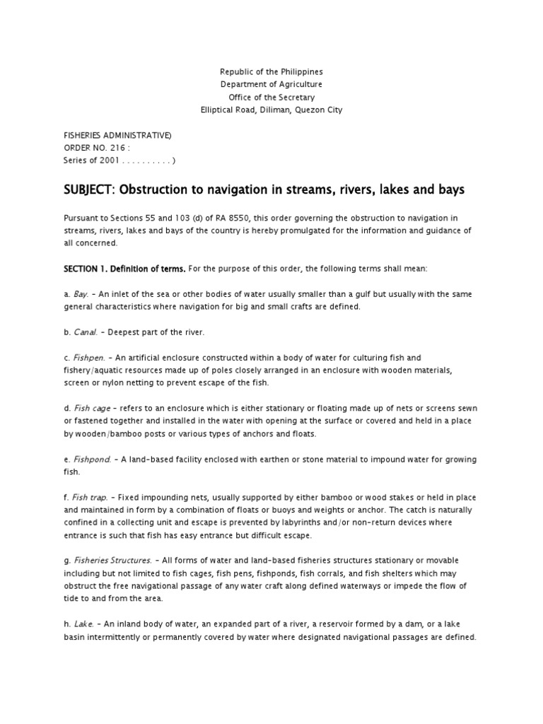 SUBJECT: Obstruction To Navigation in Streams, Rivers, Lakes and Bays ...