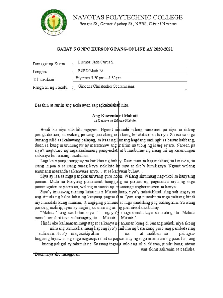 Llemos Jade Cyrus S. Ang Kwento Ni Mabuti | PDF