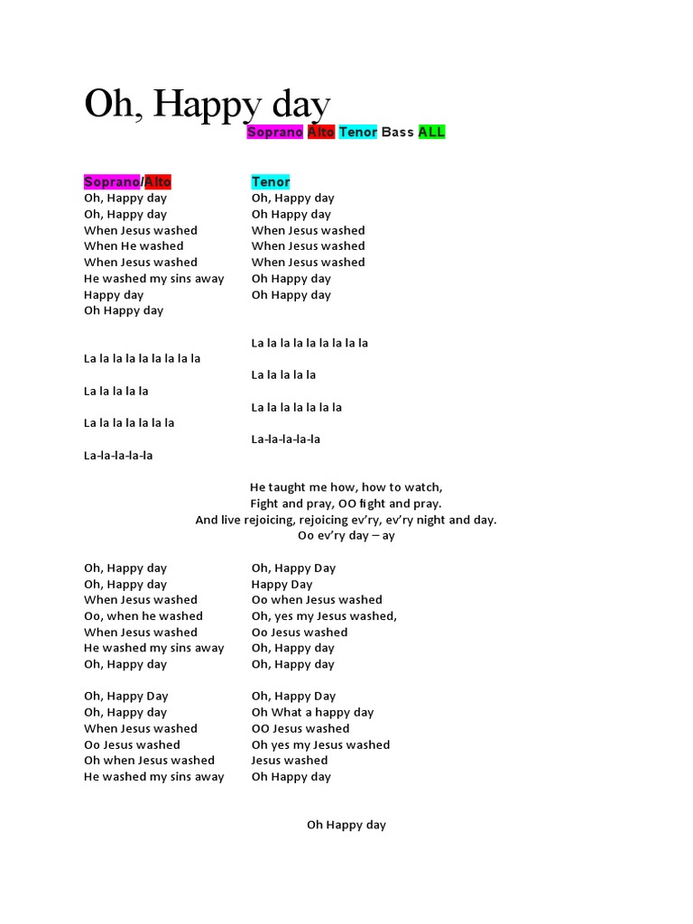 Oh Happy Day Lyrics Parts | PDF | Foreign Language Studies | Wellness