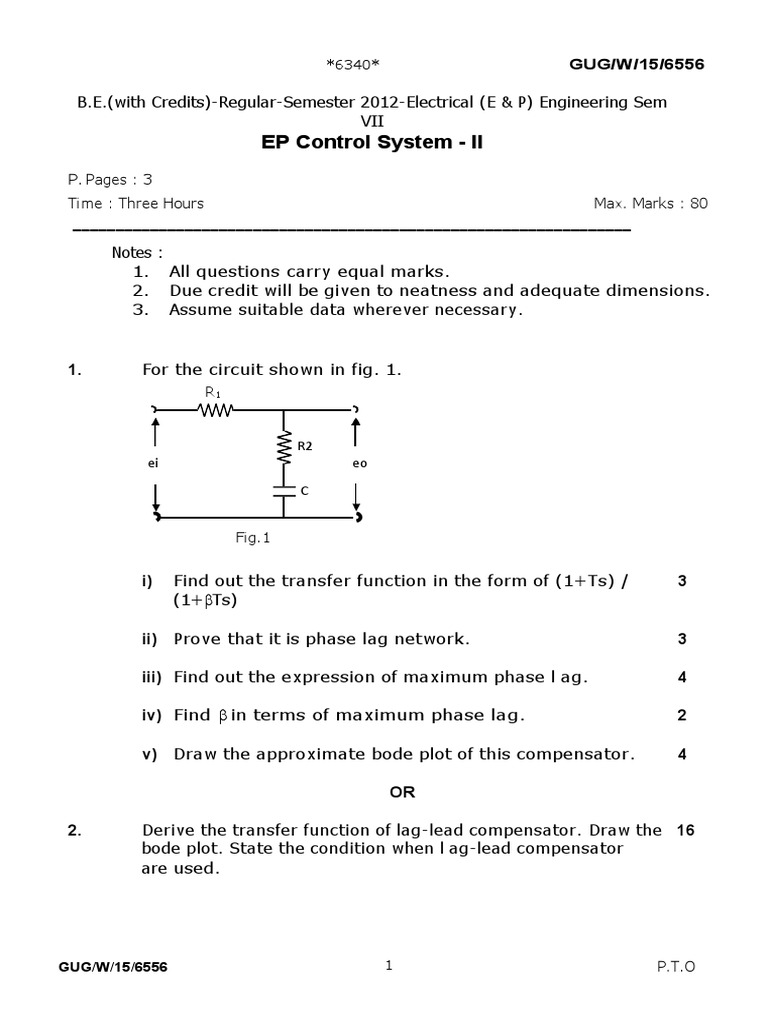 Electrical Engineering Control Systems Exam | PDF | Analysis | Teaching ...