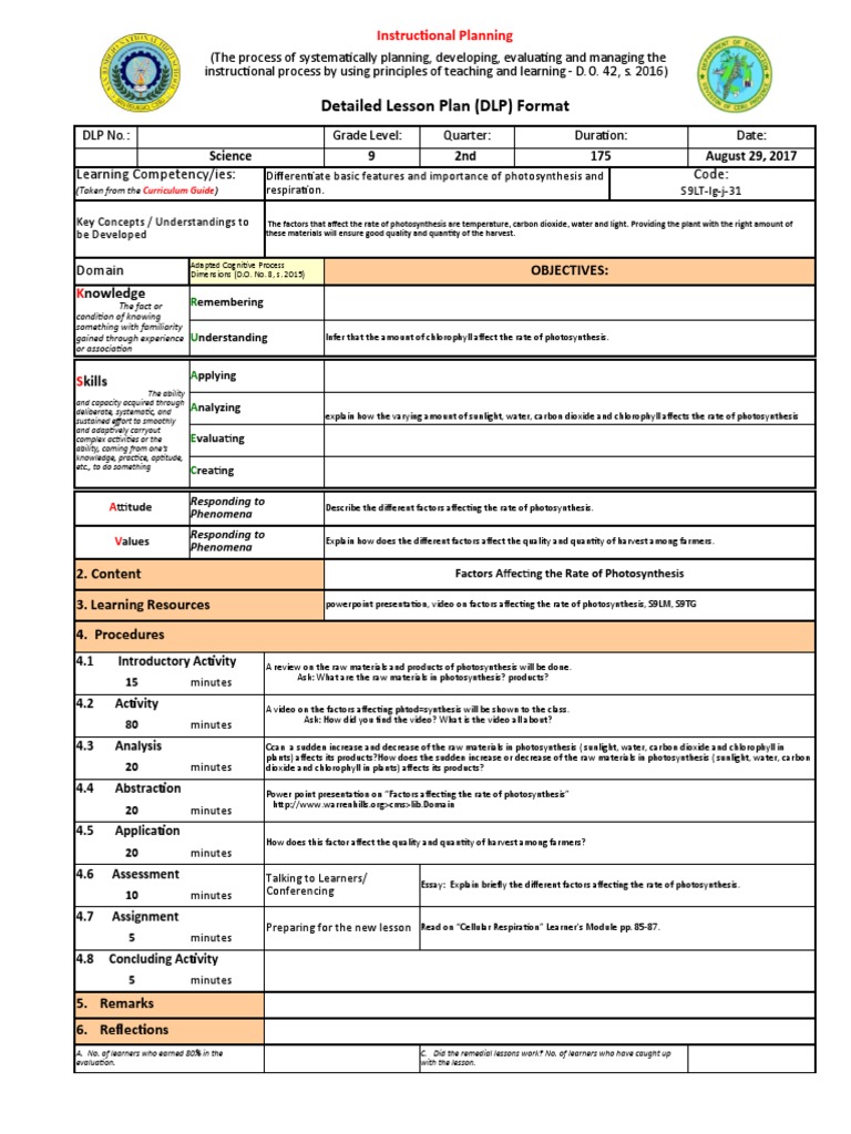 Detailed Lesson Plan (DLP) Format: Learning Competency/ies: Code | PDF ...