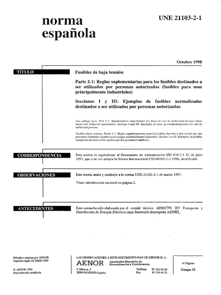 Une 21103-2-1 - Cei 60269-2-1 (1998) | PDF