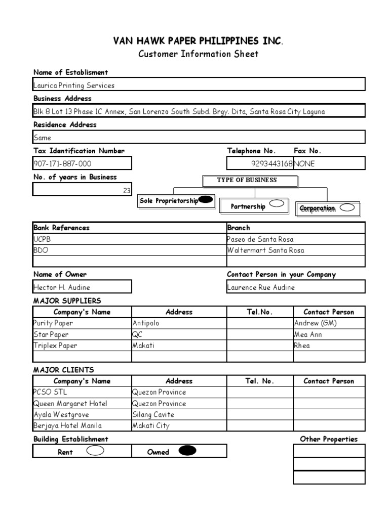 Van Hawk Paper Philippines Inc.: Customer Information Sheet | PDF