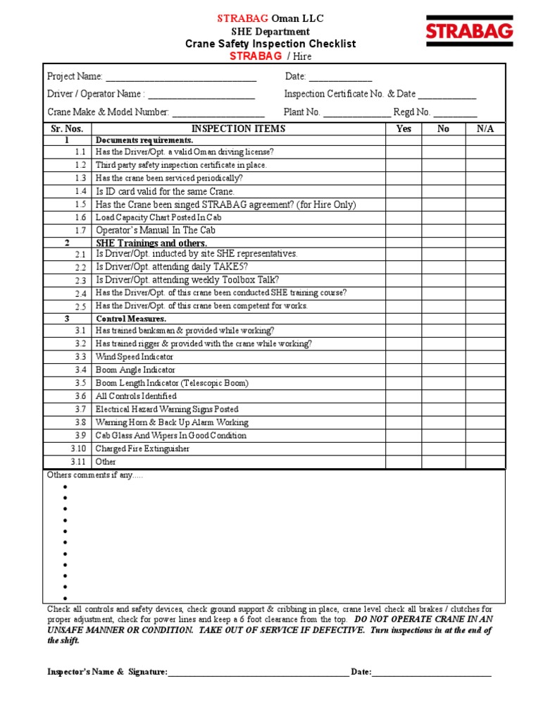INSP1 MobileCraneDailyInspection | PDF | Crane (Machine) | Truck