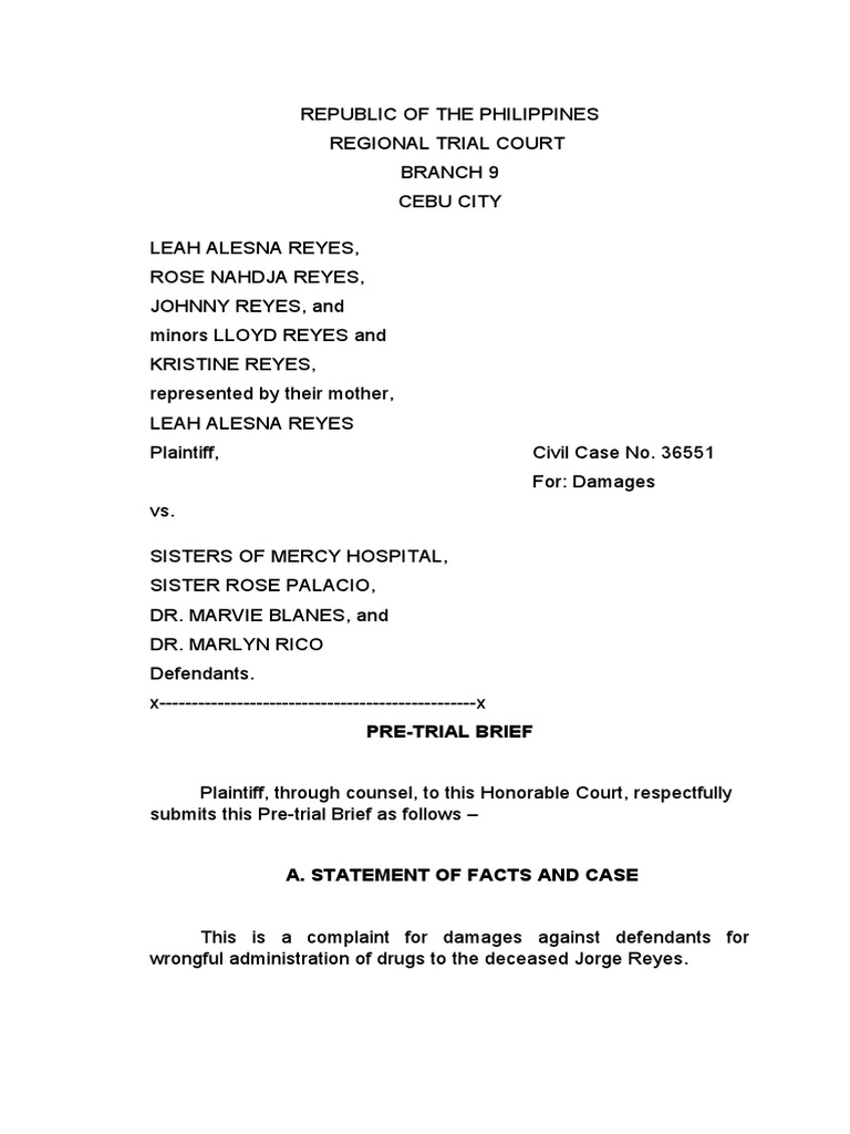 Civ. Pre-Trial Brief | PDF | Negligence | Medicine