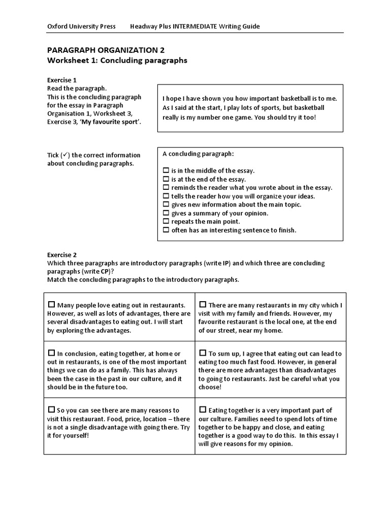 Paragraph Organization 2 Worksheet 1: Concluding Paragraphs: Exercise 1 ...
