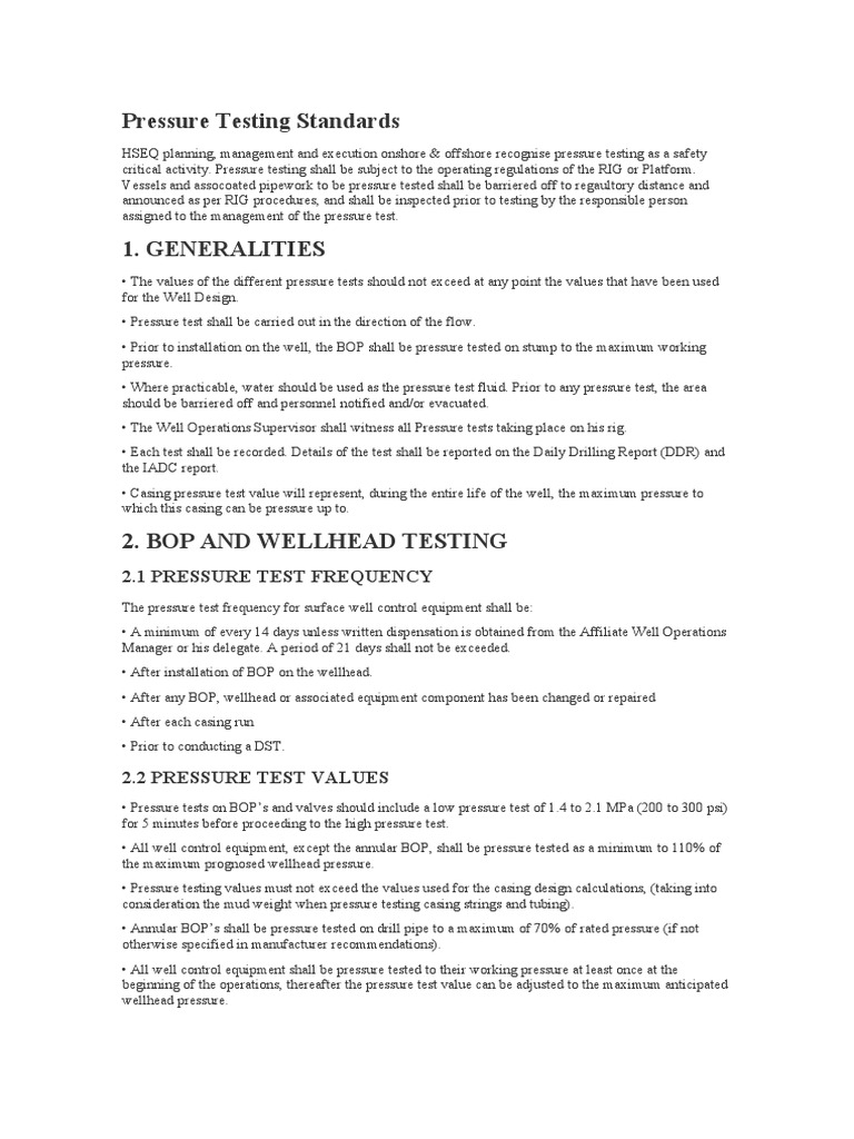 Pressure Testing Standards | PDF | Casing (Borehole) | Oil Well
