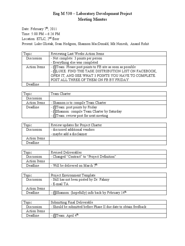 Eng M 530 Lab Project Meeting Minutes | PDF | Business
