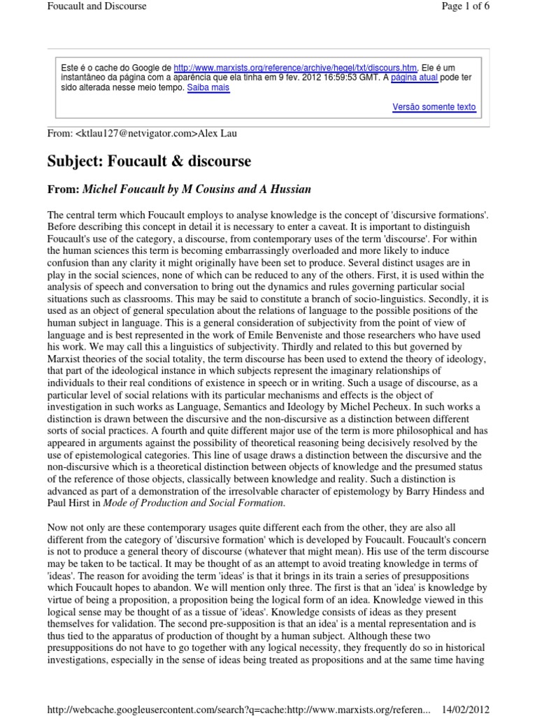 Cousins and Hussian. Foucault and Discourse - Discursive Formations ...