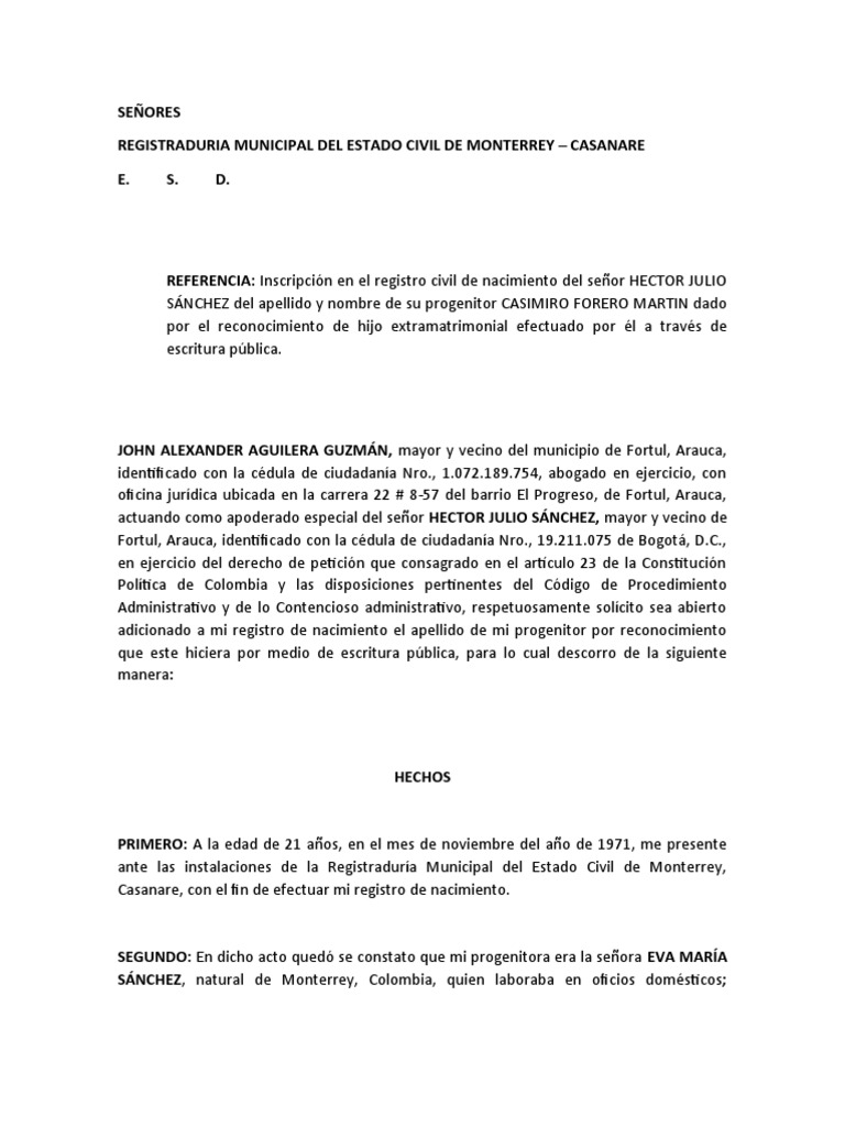 Adición de Apellido en Registro Civil de Nacimiento Del Hijo Extramatrimonial | PDF ...