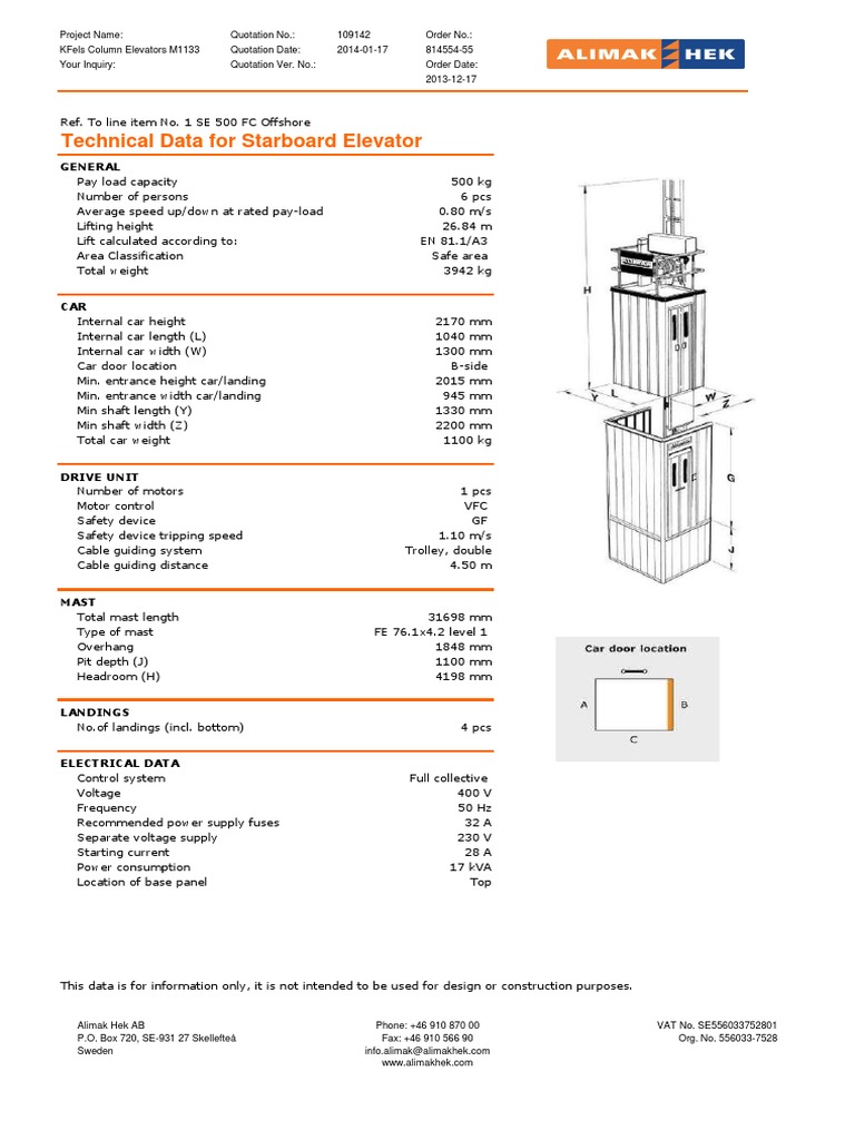 Techn Data Sheet STBD Elevator | Download Free PDF | Elevator | Electronics