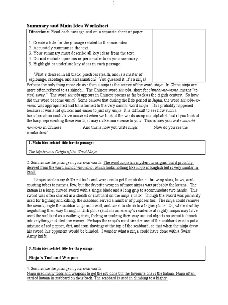 Summary and Main Idea Worksheet: Directions: Read Each Passage and On A ...