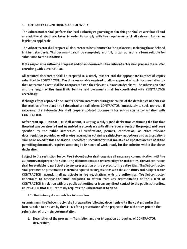 Authority Engineering SOW - Example | PDF | General Contractor | Safety