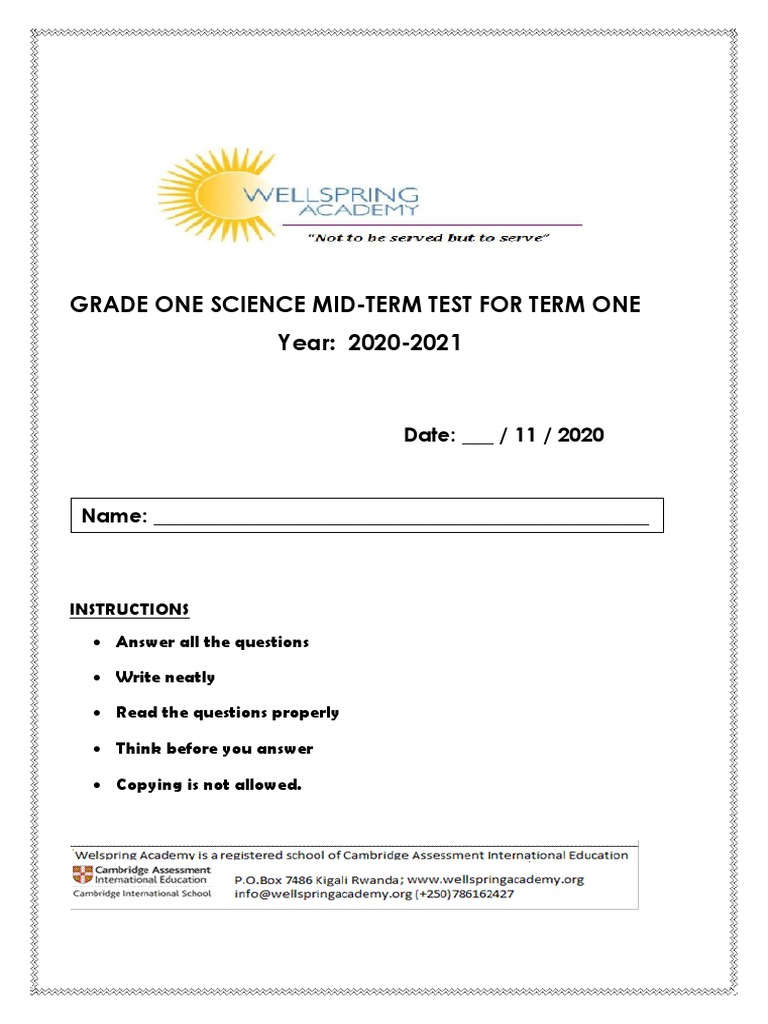 Grade 1 Science Mid-Term Test 2020 | PDF