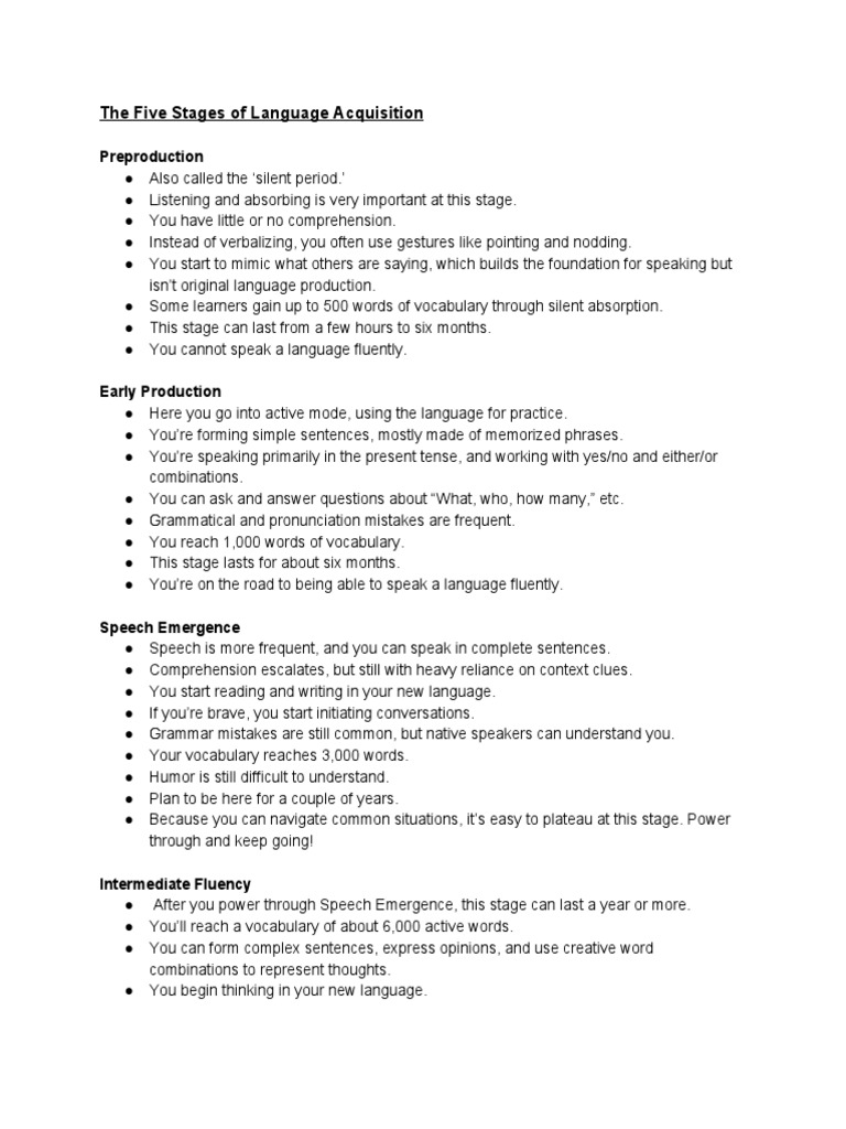 The Five Stages of Language Acquisition: Preproduction | Download Free ...