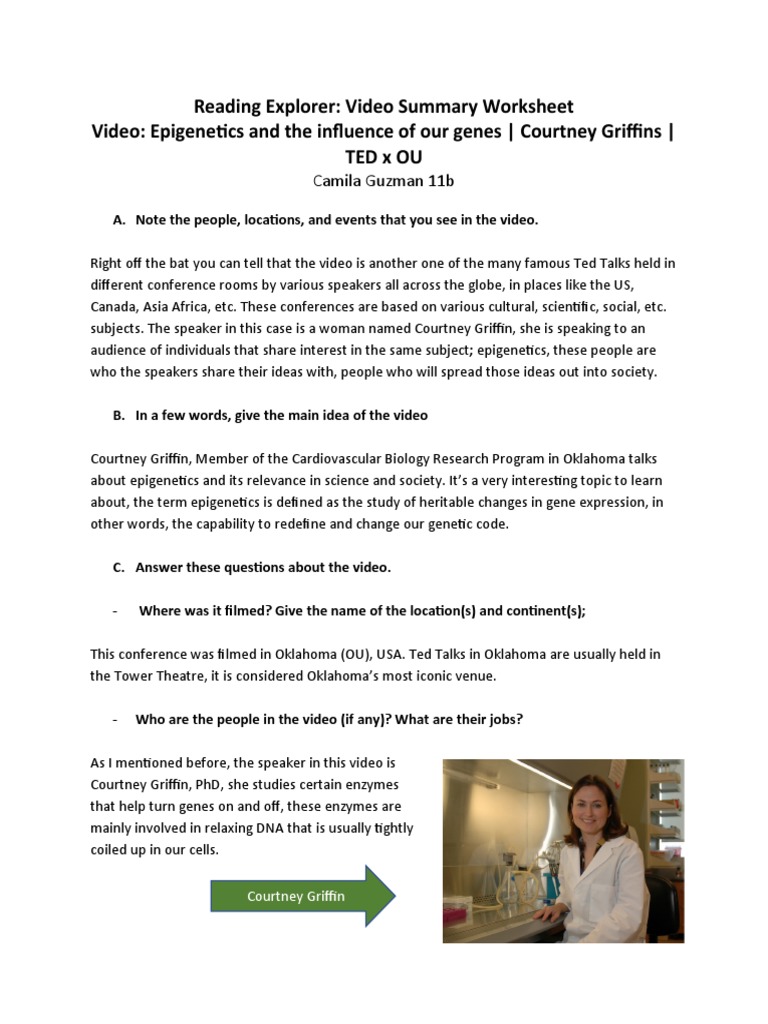 Reading Explorer: Video Summary Worksheet Video: Epigenetics and The ...