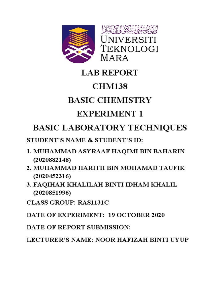 CHM138 Lab Report Experiment 1 | PDF | Observational Error | Chemistry