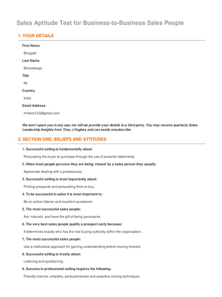 Sales Aptitude Test for B2B Professionals | PDF | Sales | Business