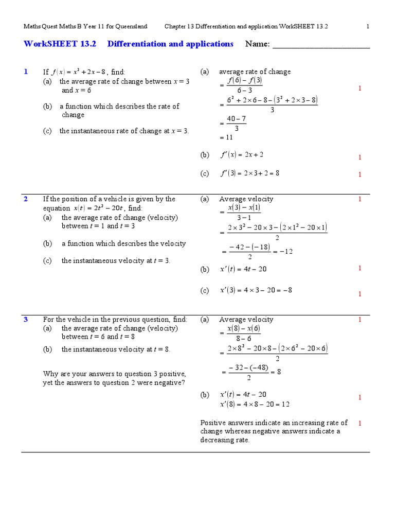 Worksheet 13.2 Differentiation and Applications: Name | PDF | Quantity | Motion (Physics)