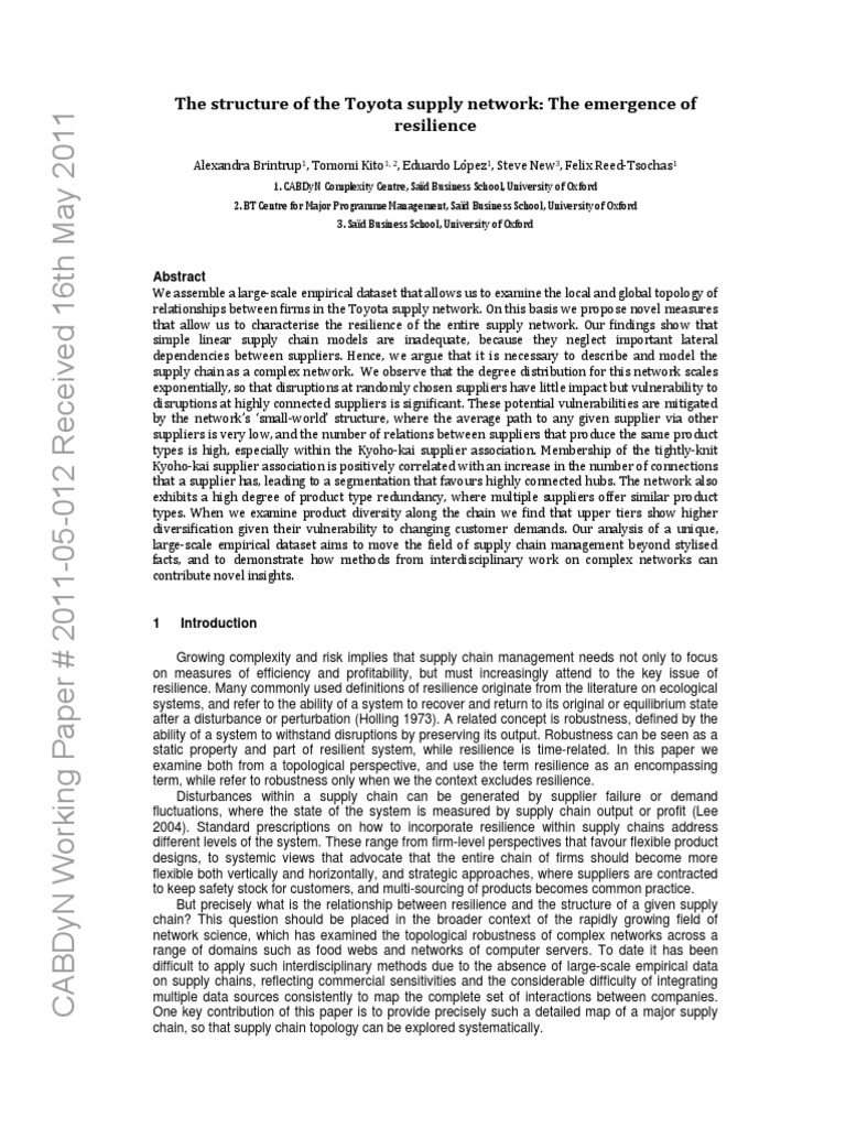 The Structure of The Toyota Supply Network: The Emergence of Resilience ...