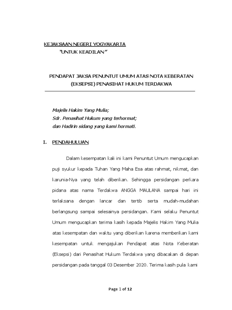 Tugas Pendapat Penuntut Umum Atas Nota Keberatan - Zuarroh Safitri (1700024100) | PDF | Ilmu Sosial
