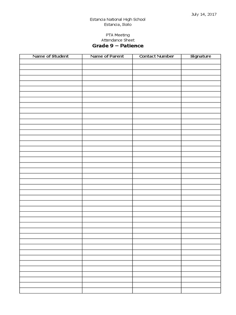 Grade 9 - Patience: Name of Student Name of Parent Contact Number Signature | PDF