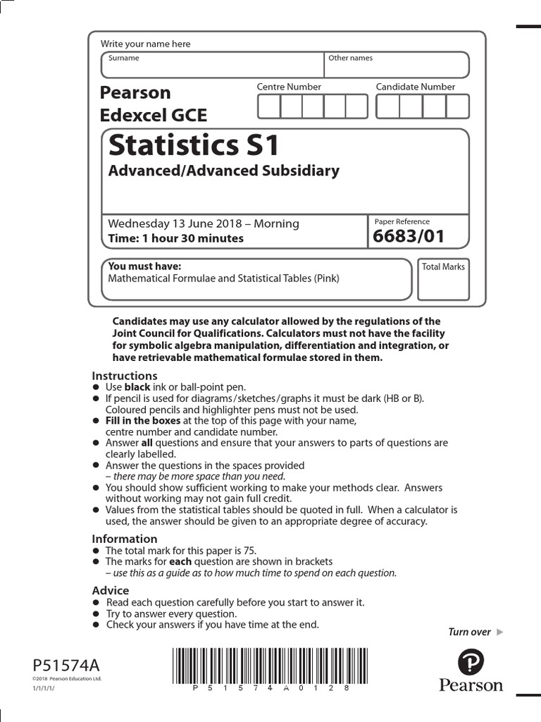 Statistics S1: Pearson Edexcel GCE | PDF | Probability Distribution ...