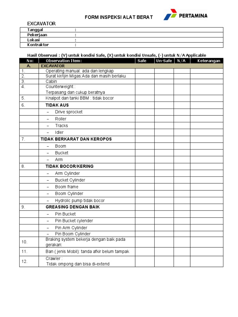 Form Inspeksi Excavator | PDF